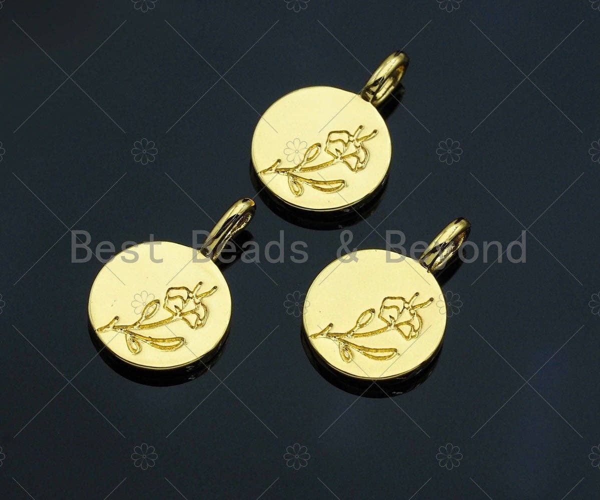 18k Shiny Gold Rose Flower On Round Coin Charms, Dainty Gold Charms, F ...