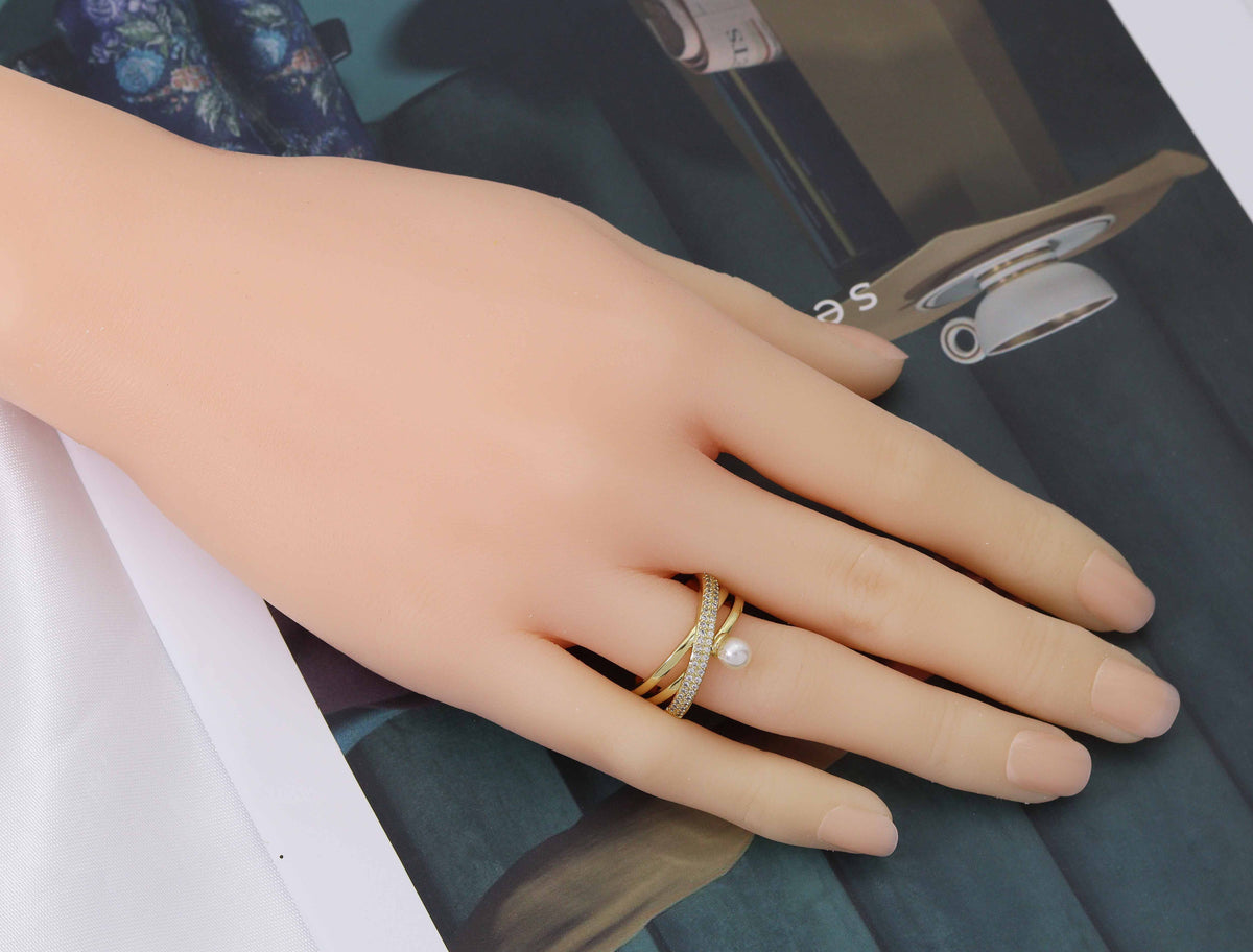 CZ Gold Pearl Cross Ring, Sku#X345 – Bestbeads&Beyond