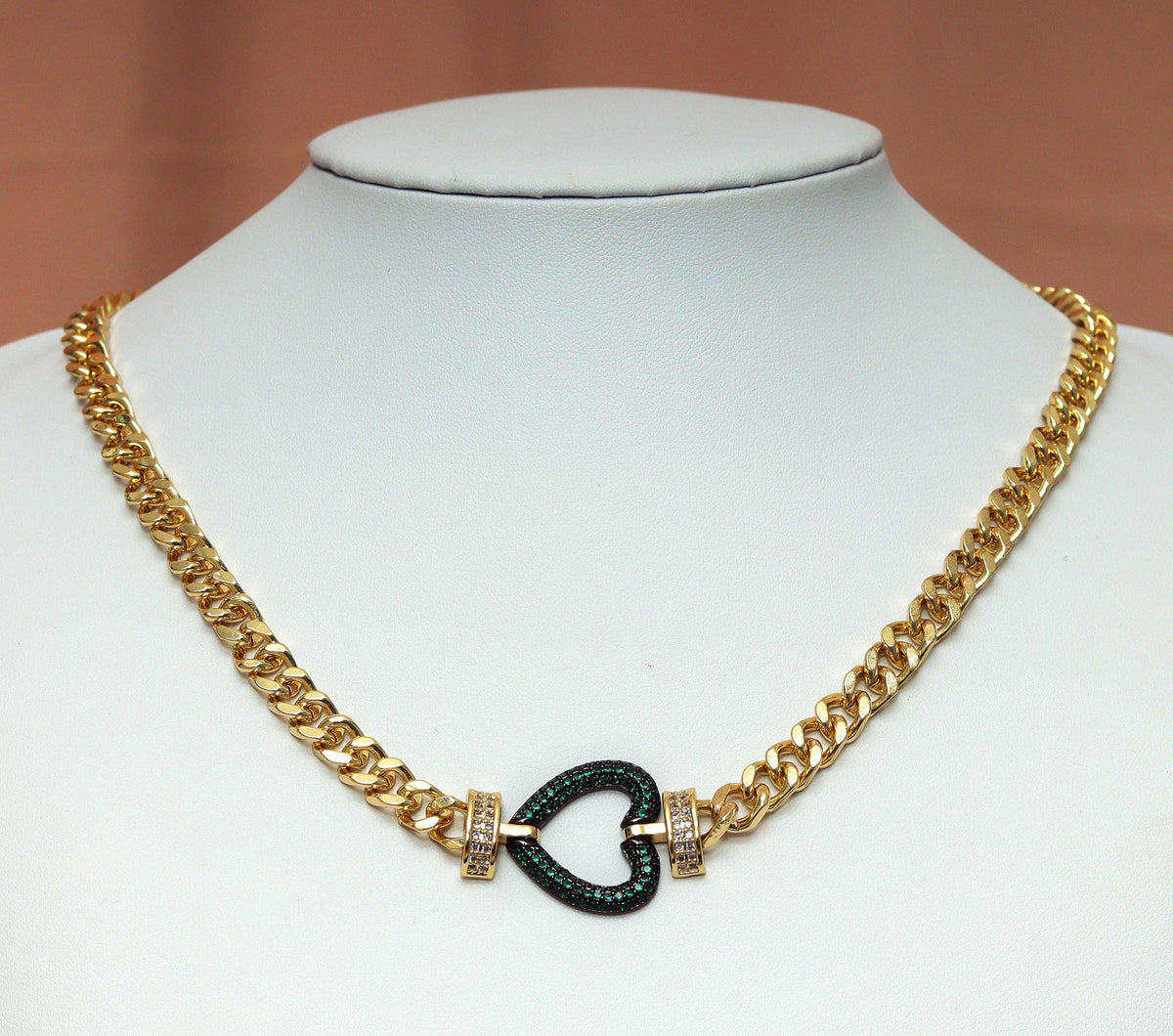 Gold Cuban Chain Heart Necklace, sku#CL18 – Bestbeads&Beyond