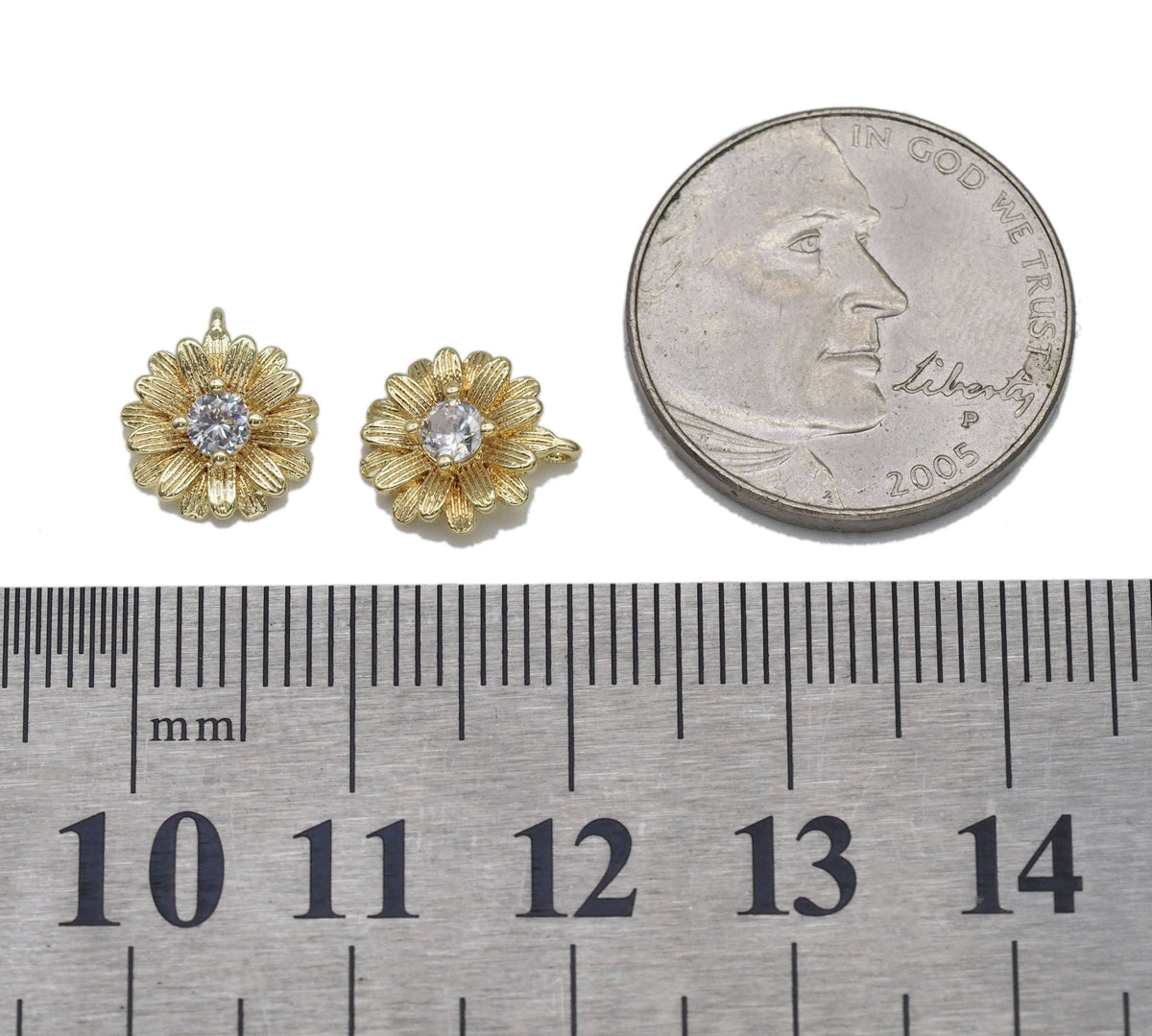 Gold CZ Daisy Flower Sunflower Charm, Sku#LX87 – Bestbeads&Beyond