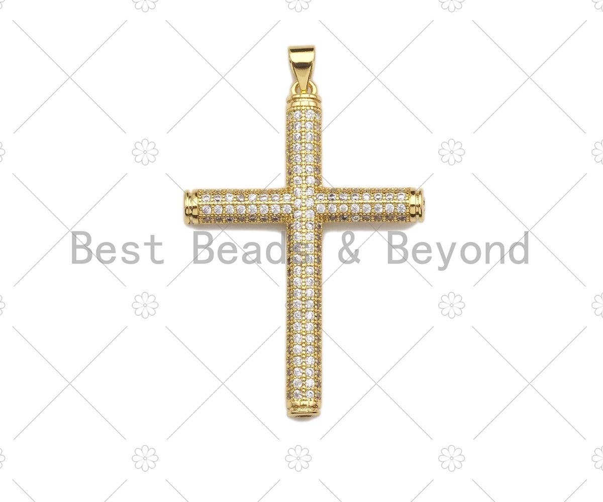 Large CZ Micro Pave Gold Cross Shape Pendant, Sku# LK142 – Bestbeads&Beyond