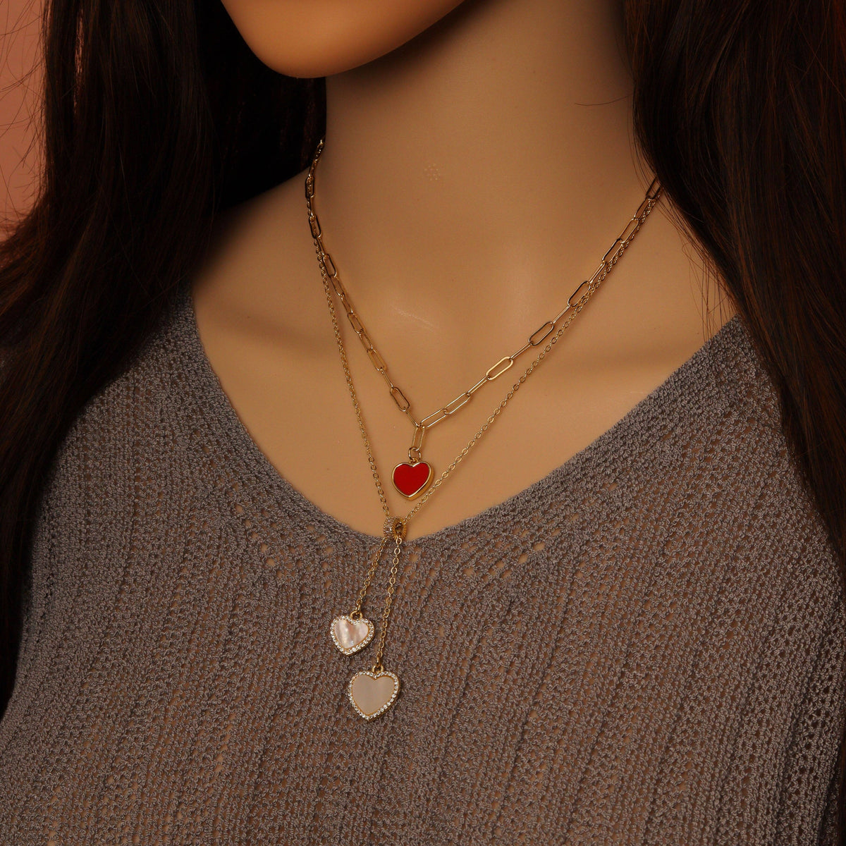 Gold Chain Red Heart White Mop Heart Pendant Necklace, Sku#E ...